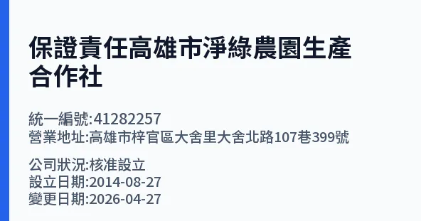 保證責任高雄市淨綠農園生產合作社的照片-統編 41282257(高雄市) 公司登記資料與營業項目詳細圖表