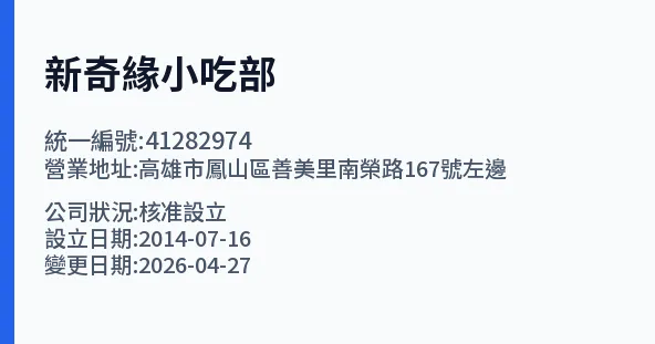 新奇緣小吃部的照片-統編 41282974(高雄市) 公司登記資料與營業項目詳細圖表