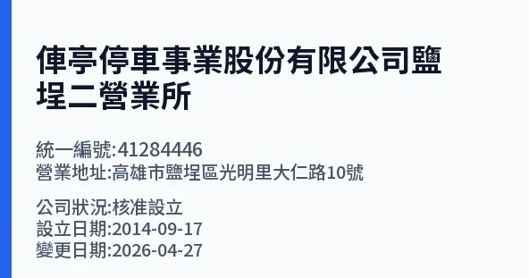 俥亭停車事業股份有限公司鹽埕二營業所的照片-統編 41284446(高雄市) 公司登記資料與營業項目詳細圖表