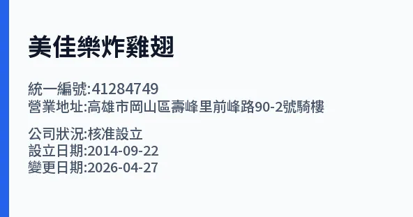 美佳樂炸雞翅的照片-統編 41284749(高雄市) 公司登記資料與營業項目詳細圖表