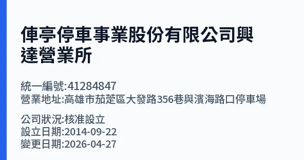 俥亭停車事業股份有限公司興達營業所的照片-統編 41284847(高雄市) 公司登記資料與營業項目詳細圖表