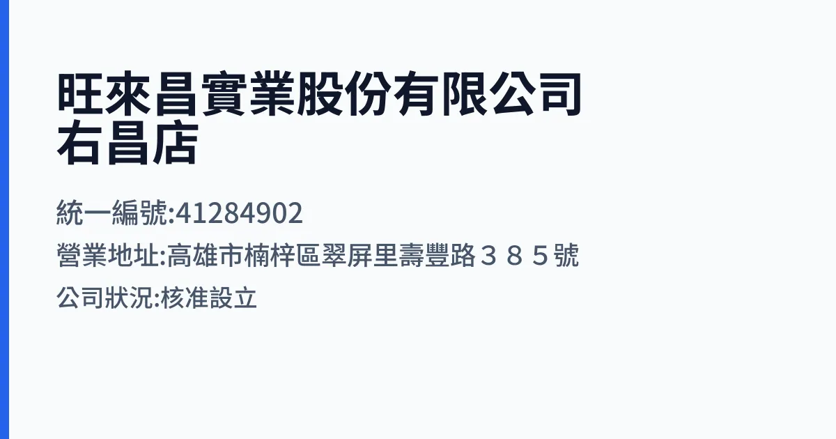 旺來昌實業股份有限公司右昌店 - 統編 41284902(高雄市) 公司登記資料與營業項目詳細圖表