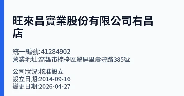 旺來昌實業股份有限公司右昌店的照片-統編 41284902(高雄市) 公司登記資料與營業項目詳細圖表