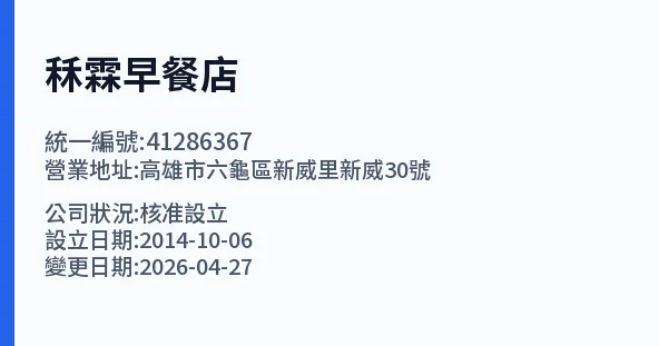 秝霖早餐店的照片-統編 41286367(高雄市) 公司登記資料與營業項目詳細圖表
