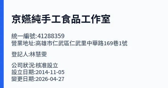 京嬿純手工食品工作室的照片-統編 41288359(高雄市) 公司登記資料與營業項目詳細圖表