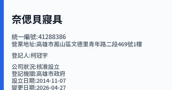 奈偲貝寢具的照片-統編 41288386(高雄市) 公司登記資料與營業項目詳細圖表