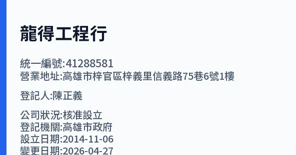 龍得工程行的照片-統編 41288581(高雄市) 公司登記資料與營業項目詳細圖表