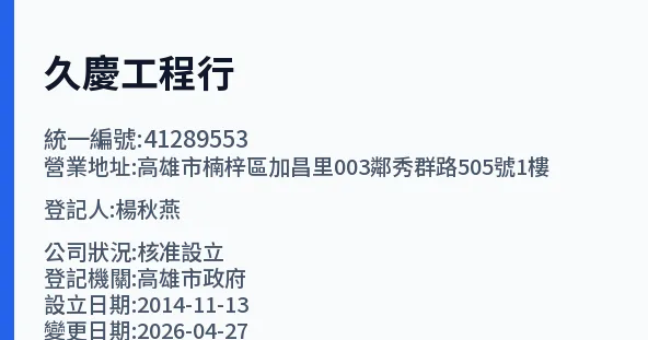 久慶工程行的照片-統編 41289553(高雄市) 公司登記資料與營業項目詳細圖表