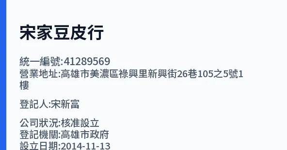 宋家豆皮行的照片-統編 41289569(高雄市) 公司登記資料與營業項目詳細圖表