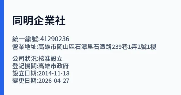 同明企業社的照片-統編 41290236(高雄市) 公司登記資料與營業項目詳細圖表