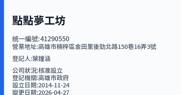點點夢工坊的照片-統編 41290550(高雄市) 公司登記資料與營業項目詳細圖表
