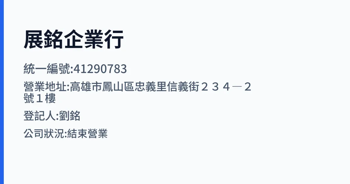 展銘企業行 - 統編 41290783(高雄市) 公司登記資料與營業項目詳細圖表
