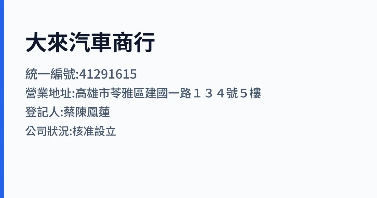 大來汽車商行 - 統編 41291615(高雄市) 公司登記資料與營業項目詳細圖表