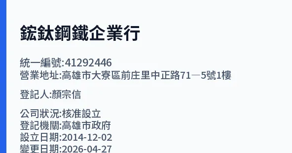鋐鈦鋼鐵企業行的照片-統編 41292446(高雄市) 公司登記資料與營業項目詳細圖表