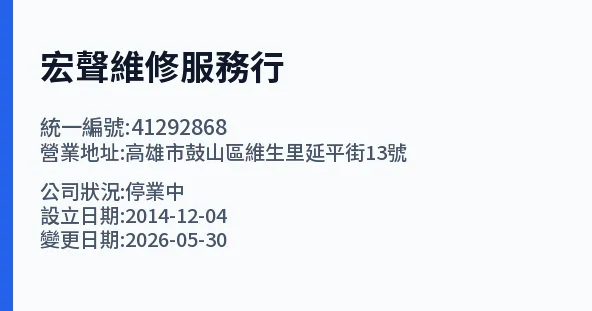 宏聲維修服務行的照片-統編 41292868(高雄市) 公司登記資料與營業項目詳細圖表