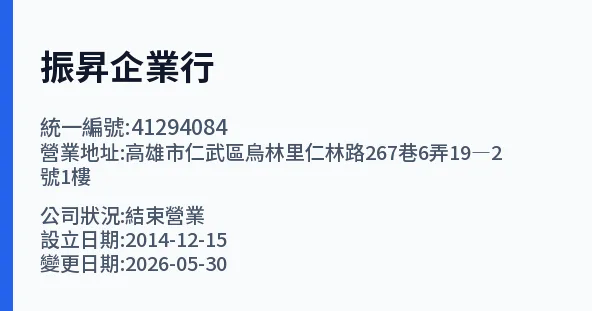 振昇企業行的照片-統編 41294084(高雄市) 公司登記資料與營業項目詳細圖表
