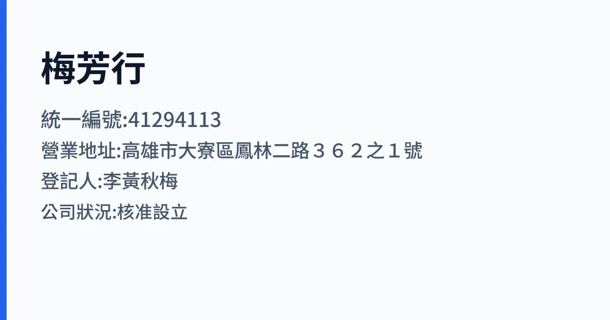 梅芳行 - 統編 41294113(高雄市) 公司登記資料與營業項目詳細圖表