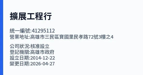 擴展工程行的照片-統編 41295112(高雄市) 公司登記資料與營業項目詳細圖表