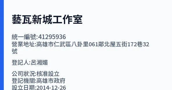 藝瓦新城工作室的照片-統編 41295936(高雄市) 公司登記資料與營業項目詳細圖表