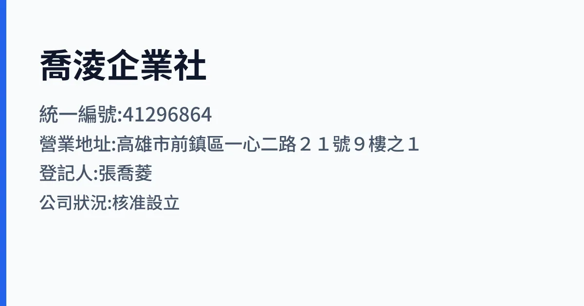 喬淩企業社 - 統編 41296864 (高雄市) 公司登記資料與營業項目詳細圖表