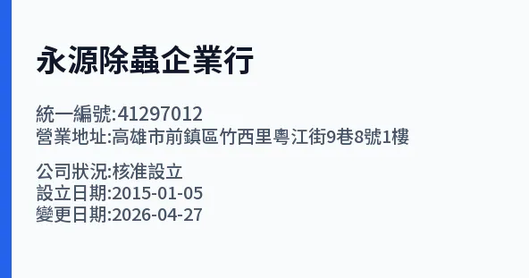 永源除蟲企業行的照片-統編 41297012(高雄市) 公司登記資料與營業項目詳細圖表