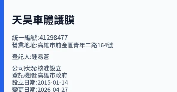 天昊車體護膜的照片-統編 41298477(高雄市) 公司登記資料與營業項目詳細圖表
