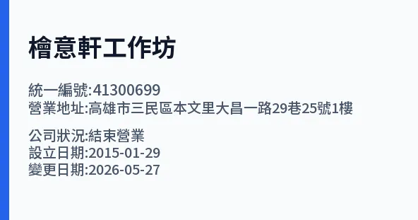 檜意軒工作坊的照片-統編 41300699(高雄市) 公司登記資料與營業項目詳細圖表