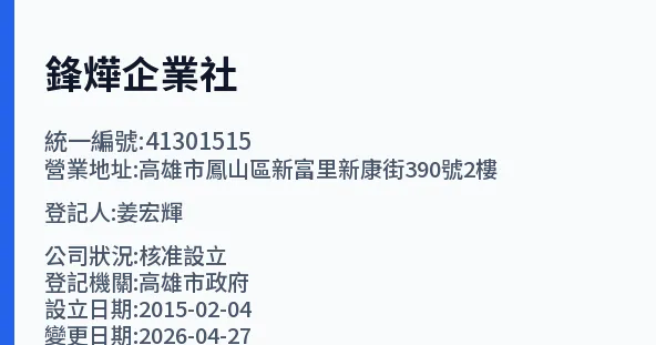 鋒燁企業社的照片-統編 41301515(高雄市) 公司登記資料與營業項目詳細圖表