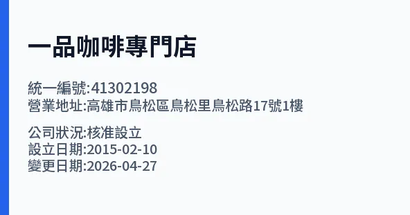 一品咖啡專門店的照片-統編 41302198(高雄市) 公司登記資料與營業項目詳細圖表