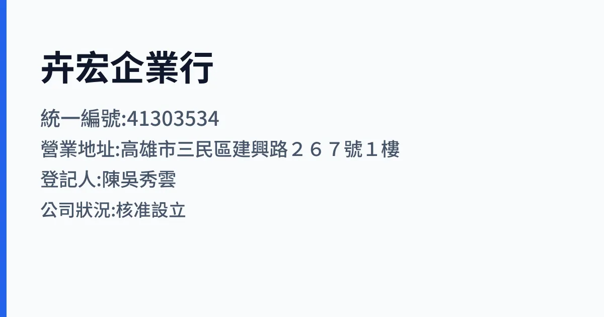 卉宏企業行 - 統編 41303534(高雄市) 公司登記資料與營業項目詳細圖表