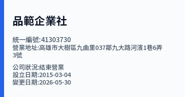 品範企業社的照片-統編 41303730(高雄市) 公司登記資料與營業項目詳細圖表