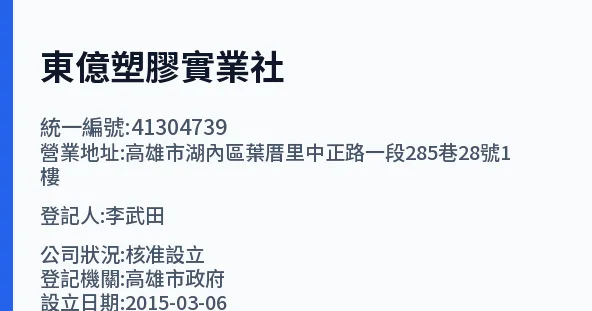 東億塑膠實業社的照片-統編 41304739(高雄市) 公司登記資料與營業項目詳細圖表