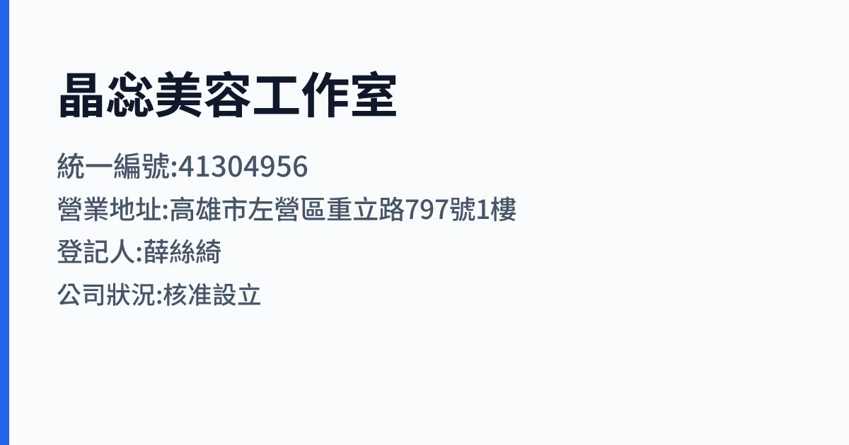 晶惢美容工作室 - 統編 41304956(高雄市) 公司登記資料與營業項目詳細圖表