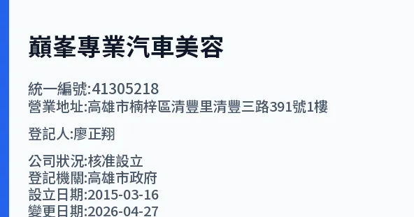 巔峯專業汽車美容的照片-統編 41305218(高雄市) 公司登記資料與營業項目詳細圖表
