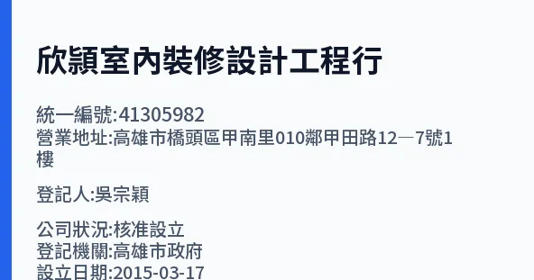 欣頴室內裝修設計工程行的照片-統編 41305982(高雄市) 公司登記資料與營業項目詳細圖表