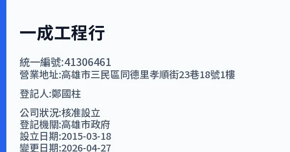 一成工程行的照片-統編 41306461(高雄市) 公司登記資料與營業項目詳細圖表