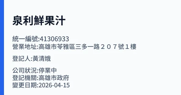 泉利鮮果汁的照片-統編 41306933(高雄市) 公司登記資料與營業項目詳細圖表