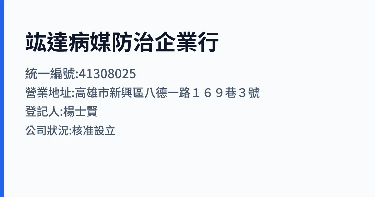 竑達病媒防治企業行 - 統編 41308025(高雄市) 公司登記資料與營業項目詳細圖表