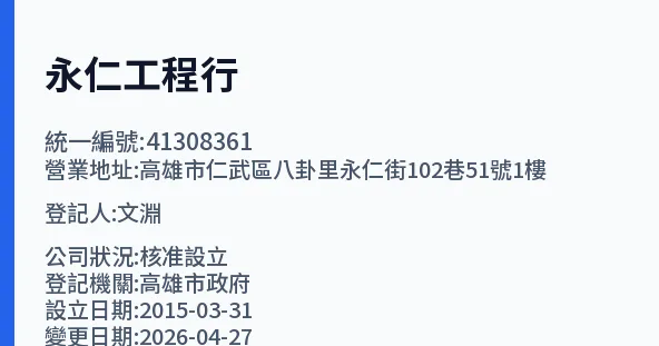 永仁工程行的照片-統編 41308361(高雄市) 公司登記資料與營業項目詳細圖表