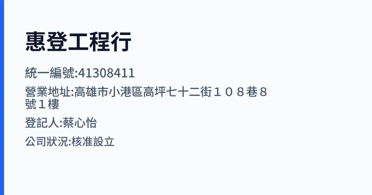惠登工程行 - 統編 41308411(高雄市) 公司登記資料與營業項目詳細圖表