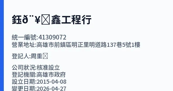 鈺𨥉鑫工程行的照片-統編 41309072(高雄市) 公司登記資料與營業項目詳細圖表
