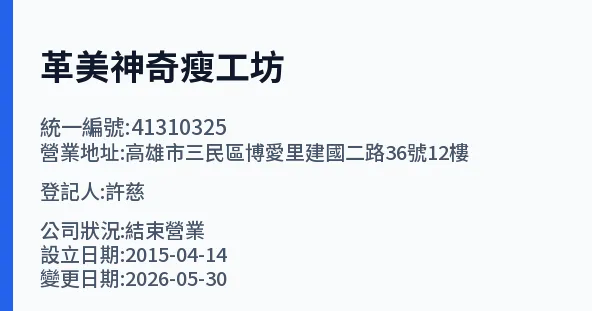 革美神奇瘦工坊的照片-統編 41310325(高雄市) 公司登記資料與營業項目詳細圖表