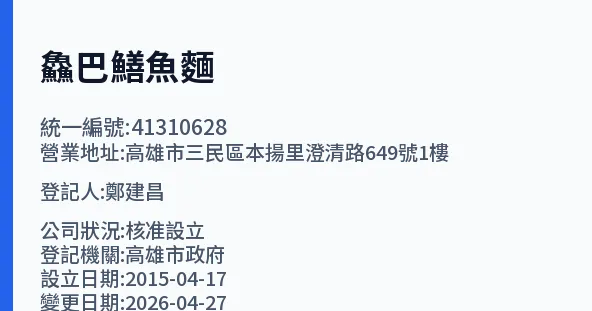 鱻巴鱔魚麵的照片-統編 41310628(高雄市) 公司登記資料與營業項目詳細圖表