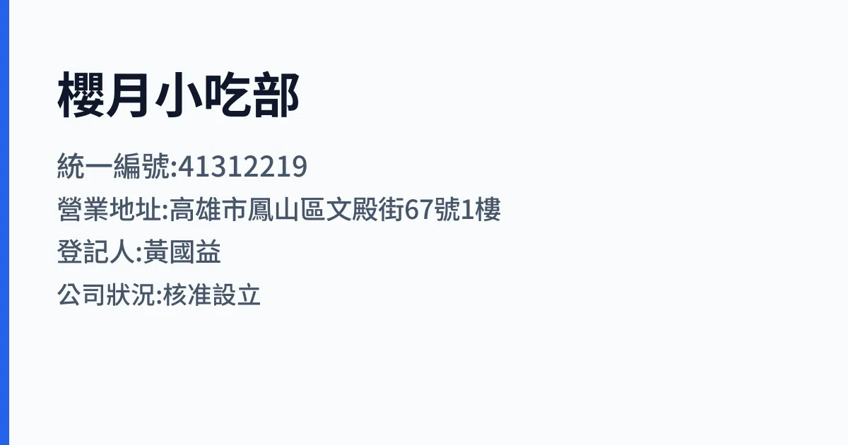 櫻月小吃部 - 統編 41312219(高雄市) 公司登記資料與營業項目詳細圖表
