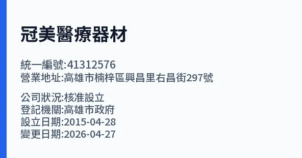 冠美醫療器材的照片-統編 41312576(高雄市) 公司登記資料與營業項目詳細圖表