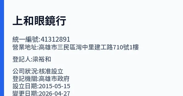 上和眼鏡行的照片-統編 41312891(高雄市) 公司登記資料與營業項目詳細圖表