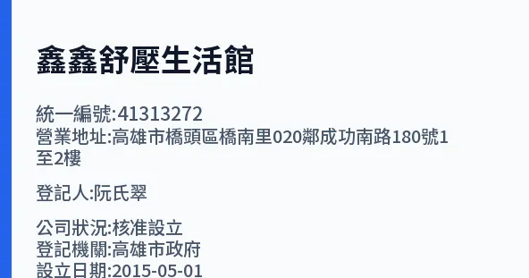 鑫鑫舒壓生活館的照片-統編 41313272(高雄市) 公司登記資料與營業項目詳細圖表
