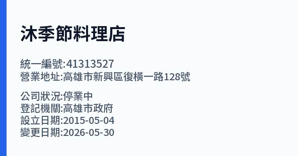 沐季節料理店的照片-統編 41313527(高雄市) 公司登記資料與營業項目詳細圖表