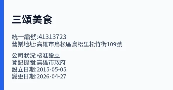 三頌美食的照片-統編 41313723(高雄市) 公司登記資料與營業項目詳細圖表