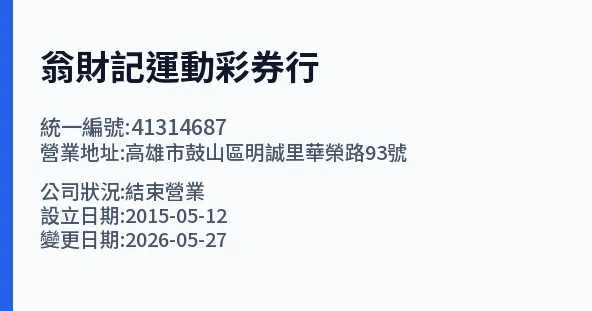 翁財記運動彩券行的照片-統編 41314687(高雄市) 公司登記資料與營業項目詳細圖表